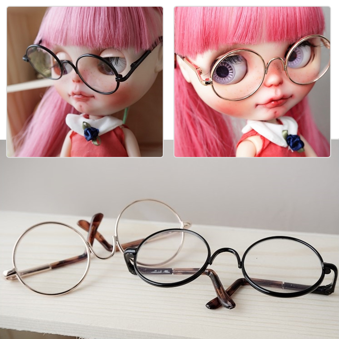 Black Gold Girl Metal Frame Eye Glasses Accessory Fit For Neo Blythe